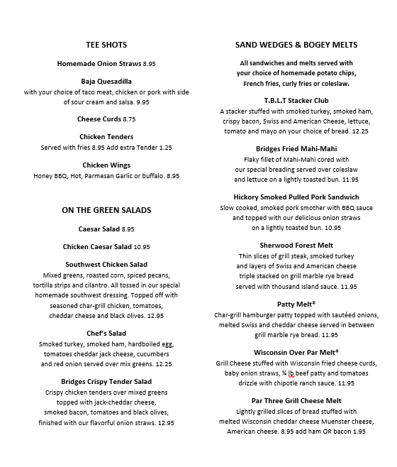 Menu - The Bridges Golf Course